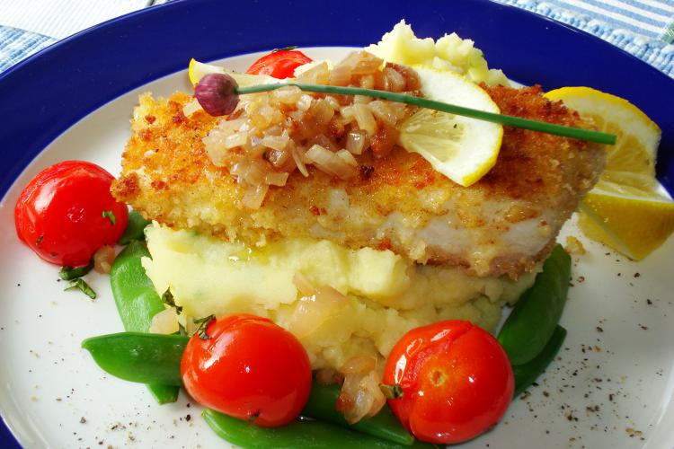 Panko-Coated Halibut with Potato Chive Mash