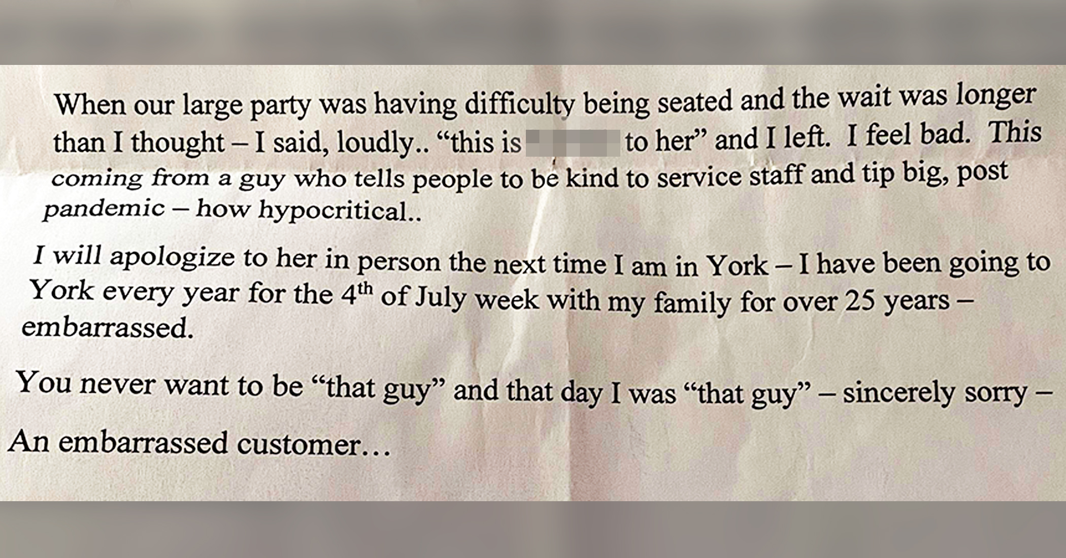 ‘I Was Very Rude’: Man Sends Apology Note and $100 Tip to Restaurant ...