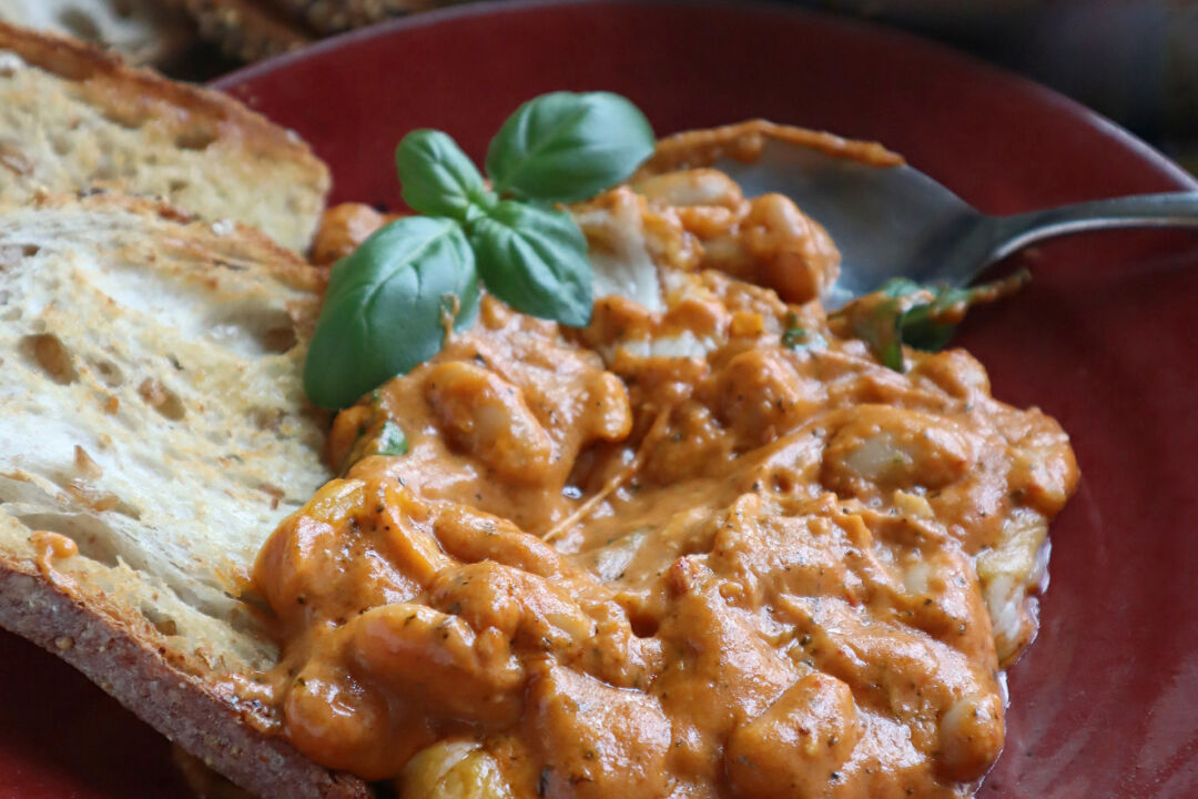 This Skillet Tomato Cheddar Basil Beans Recipe Will Warm Your Winter ...